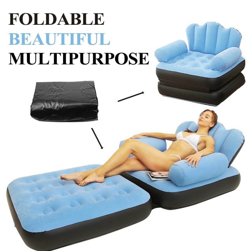 KAERMU Inflatable Sofa with Air Pump Outdoor Adult Lazy Sofa Multifunctional Five in One Inflatable Bed Convenient Foldable Lounge Chair,PVC Flocking,Perfect for Relaxing and Reading(Blue)