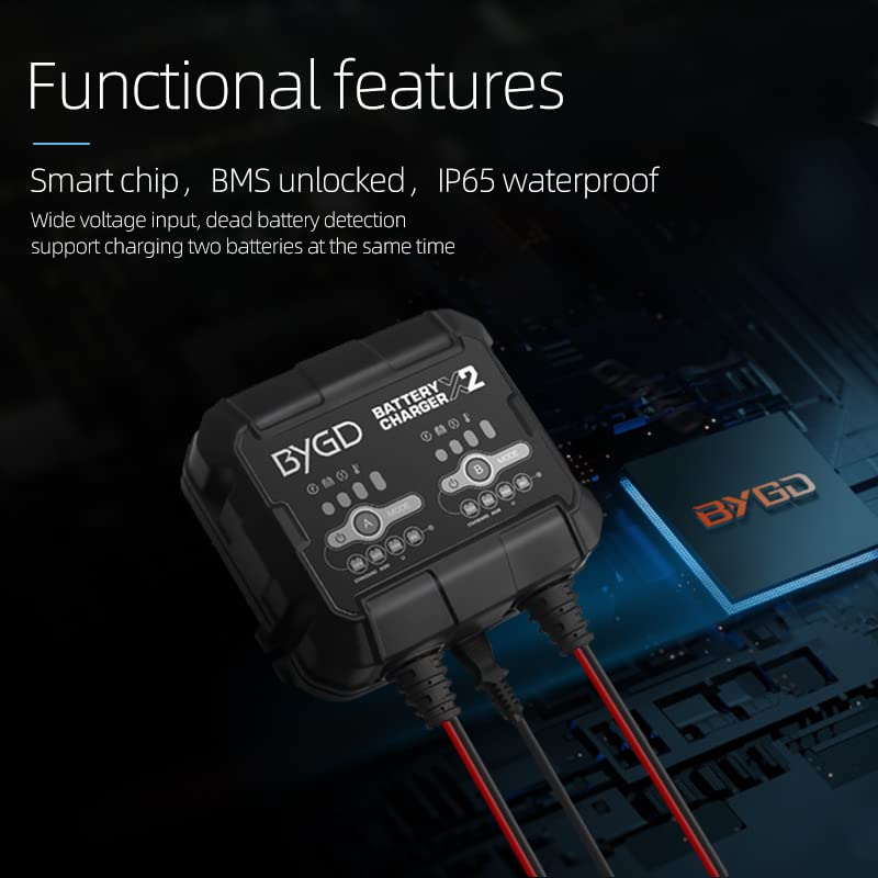 BYGD 6V and 12V Smart Battery Charger 2-Bank, 4-Amp (2-Amp Per Bank) Fully-Automatic Smart Charger, Battery Maintainer, and Battery Desulfator with Temperature Compensation (Upgraded)