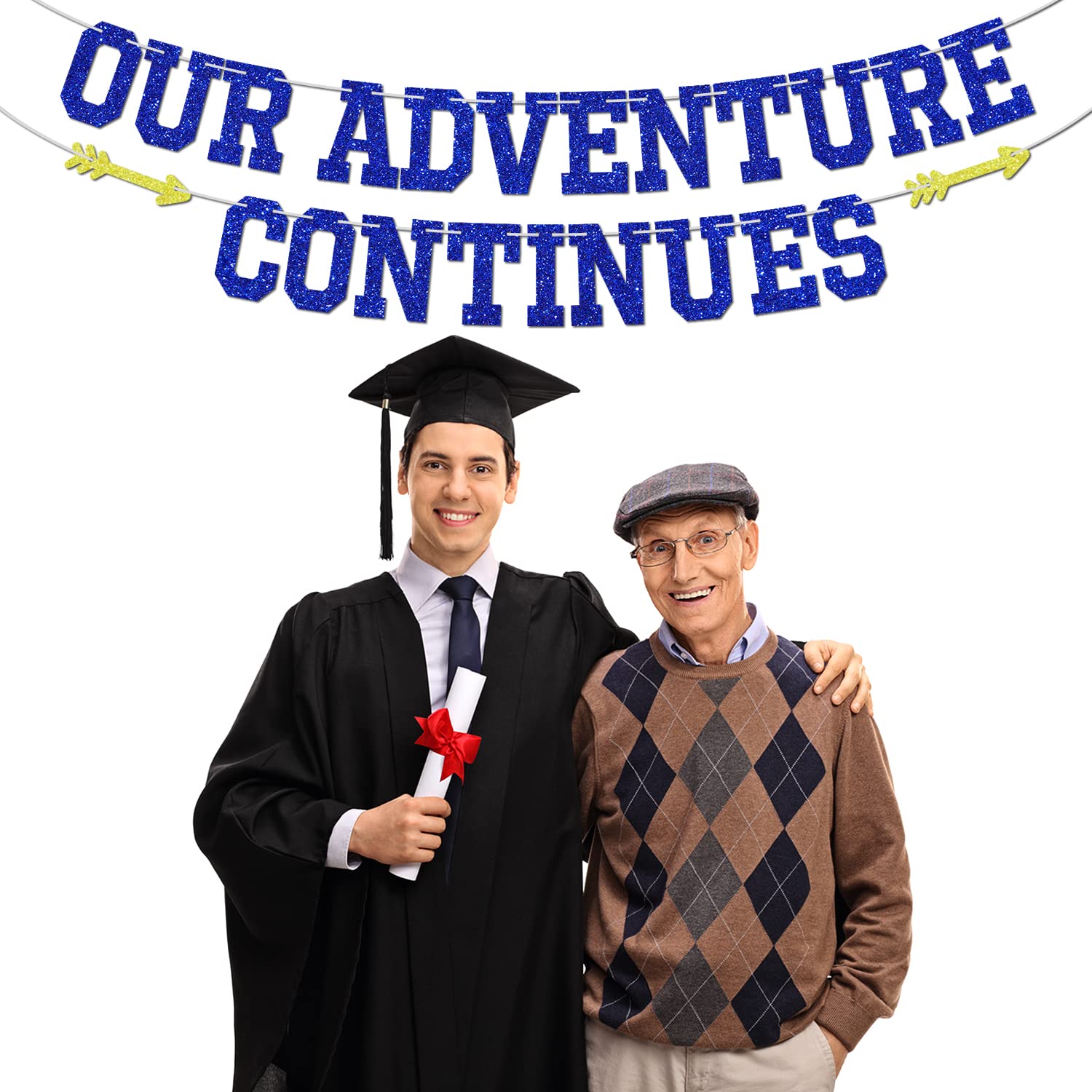 Our Adventure Continues Banner, Let the Adventure Begin Bunting Garlands, Travel Themed/Wedding/Graduation/Retirement Party Decorations Supplies, Blue Glitter