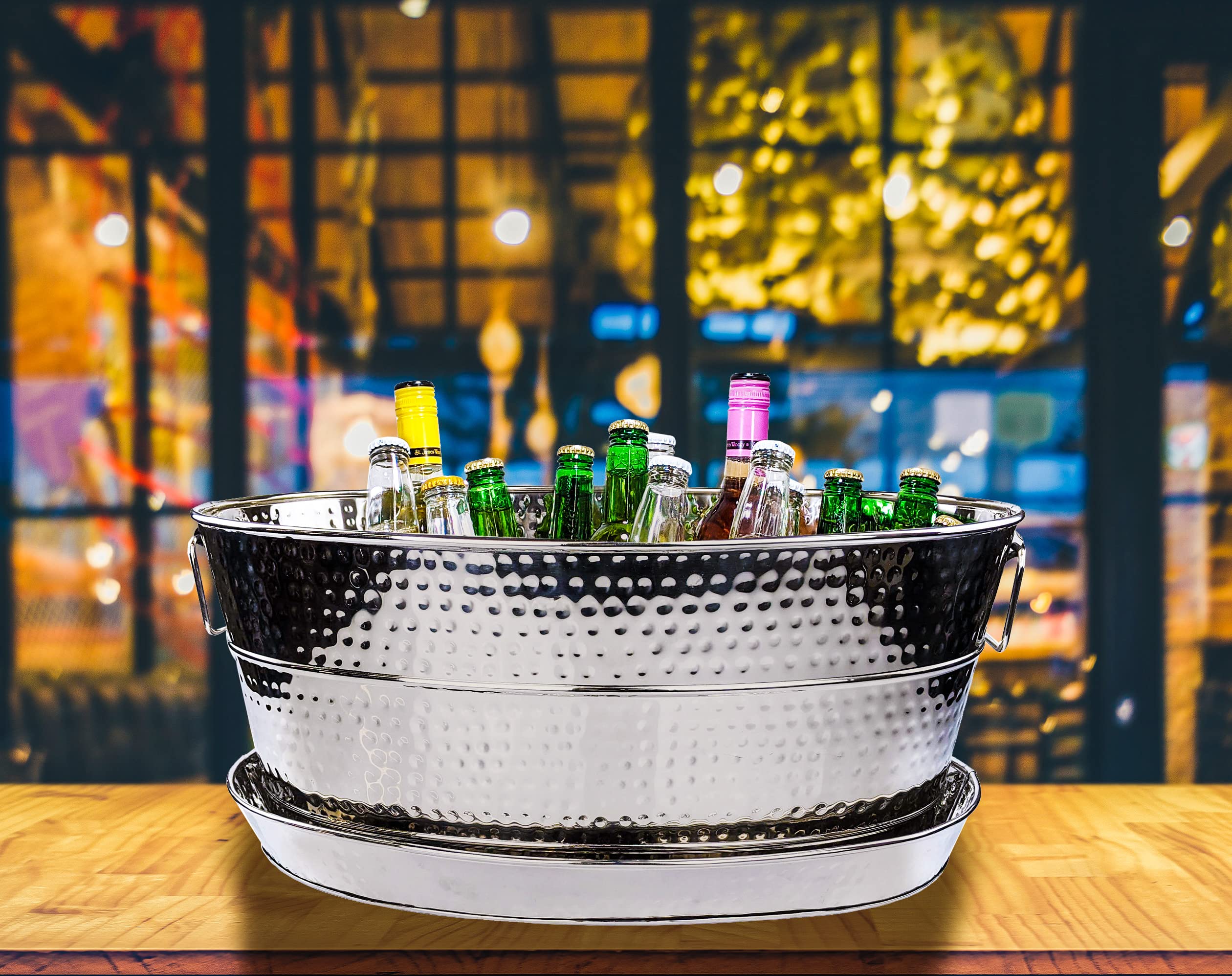 BREKX Metal Serving Tray 21" x 14" - Decorative Hammered Platter for Barware, Kitchenware, Coffee Tables (Stainless Steel)
