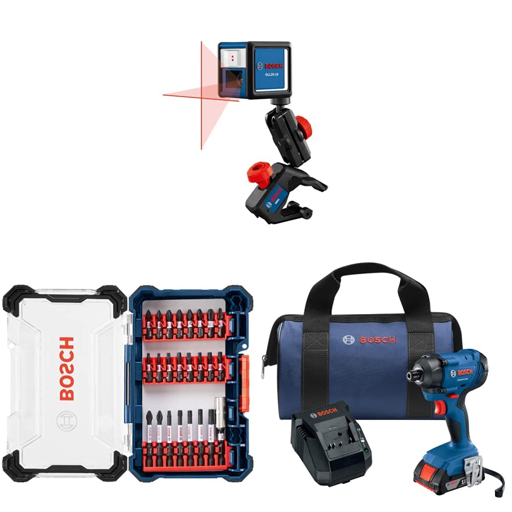 Bosch GLL25-10 30ft Multi-Use Self-Leveling Cross-Line Laser Level and BOSCH 24 Piece Impact Tough Screwdriving Custom Case System Set SDMS24 with GDR18V-1400B12 18V 1/4 In. Hex Impact Driver Kit