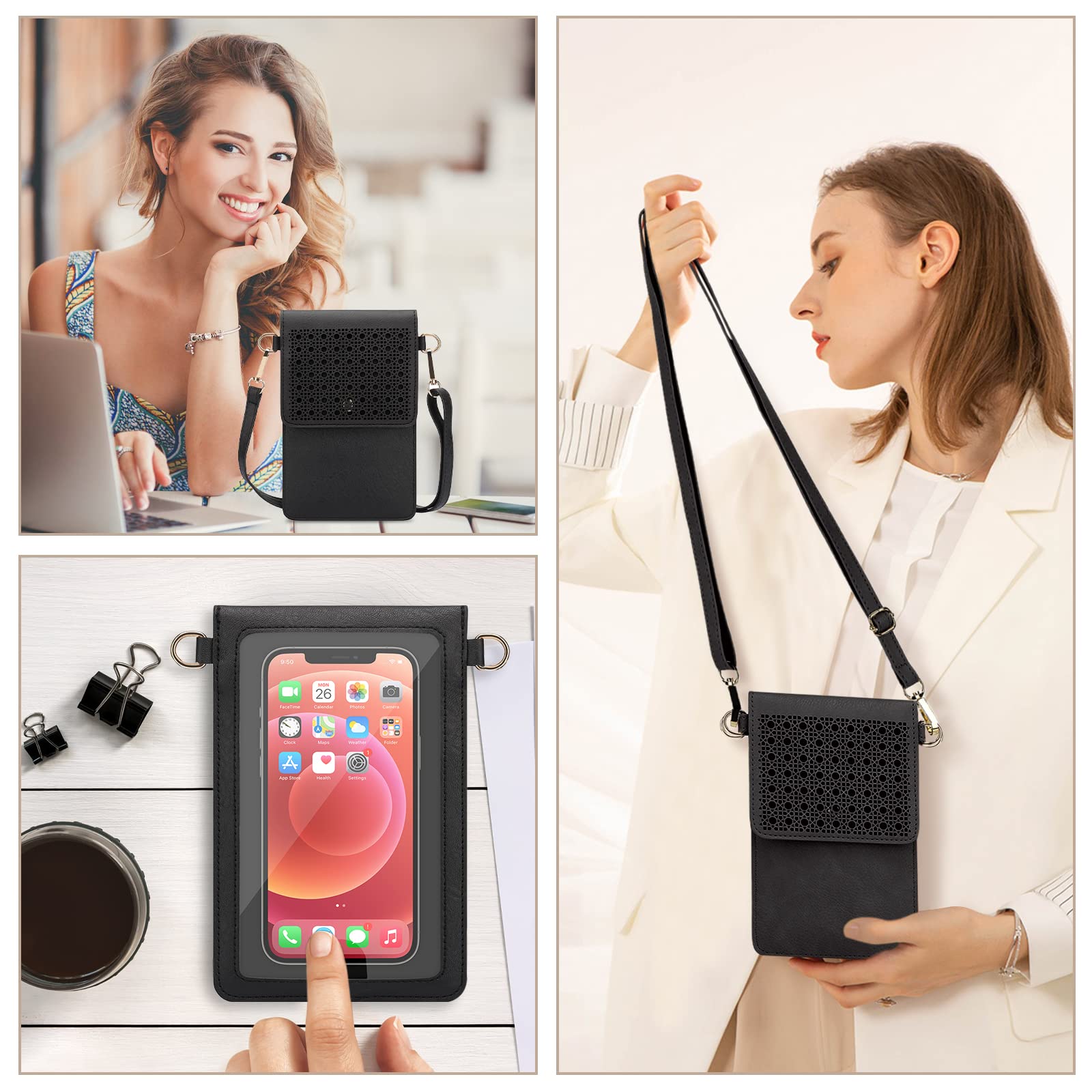 MILEGI Cell Phone Purse, Small Purses for Women Crossbody Touch Screen Purse Valentine's Day Bag for Her(Black)