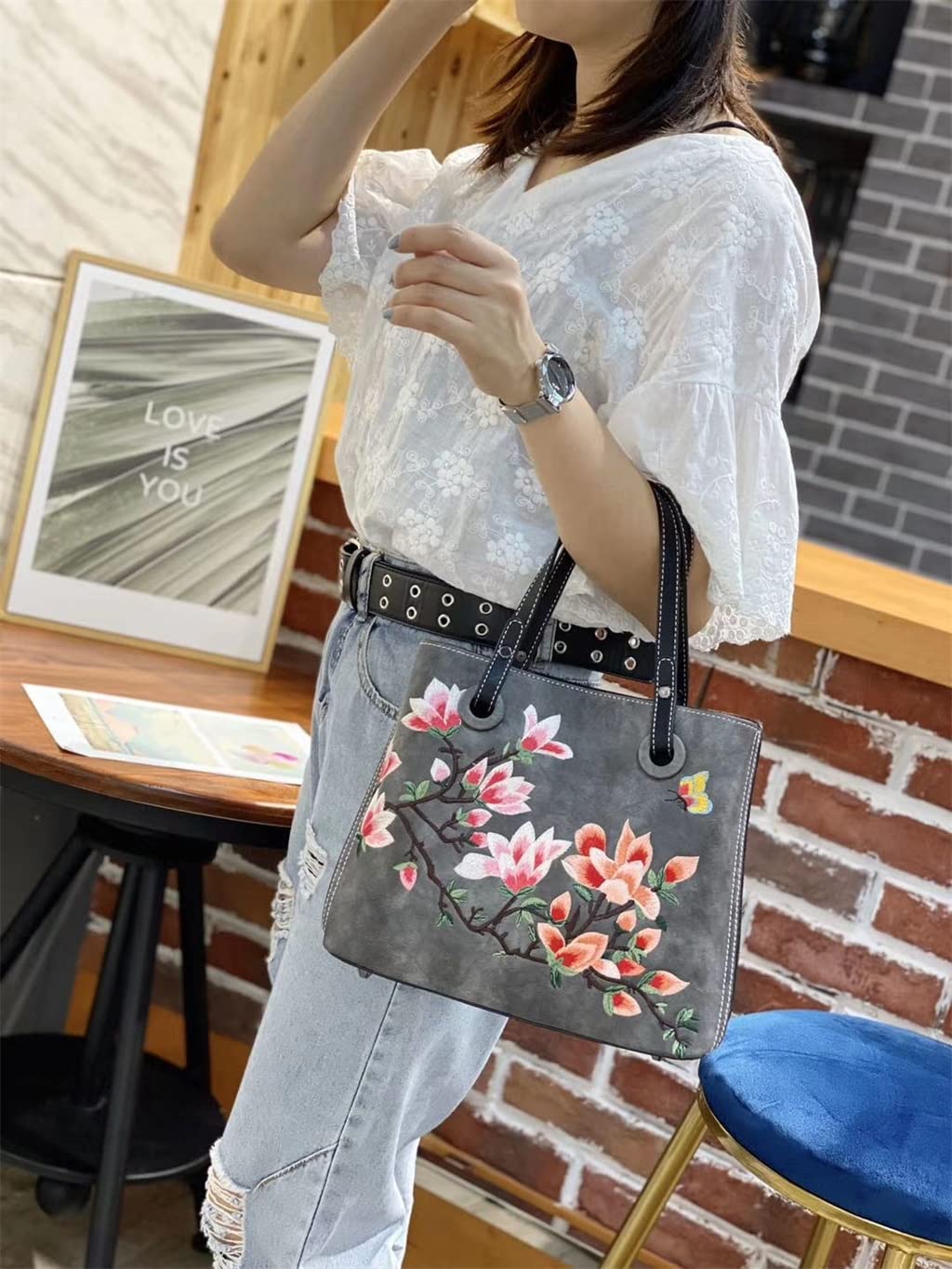 BZLSFHZ Chinese Style Embroidered Handbag Retro Floral Shoulder Bag Large Capacity Women's Casual Tote Bag (Color : E, Size