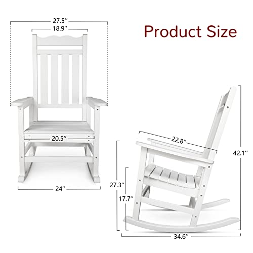 Stoog Set of 2 Outdoor Rocking Chairs, Hips Plastic Porch Rocker with 400 lbs Weight Capacity, for Backyard, Fire Pit, Lawn, Garden and Indoor (White)