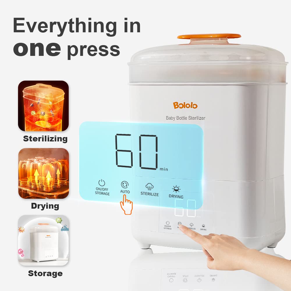 Bololo Baby Bottle Sterilizer and Dryer| Sanitizer for Baby Bottles,Breast Pump | 600W Stronger Power eletric bottle steamer box | LED Touch Screen | Auto Shut-Off