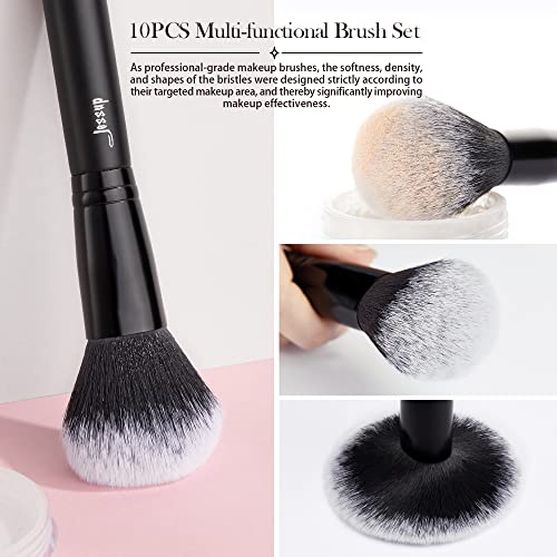 Jessup Makeup Brush Set 10pcs Black Make up Brushes Set Professional with Natural Synthetic Hair for Foundation Blending Blush Concealer Eyeshadow Eyebrow Eyeliner, T323