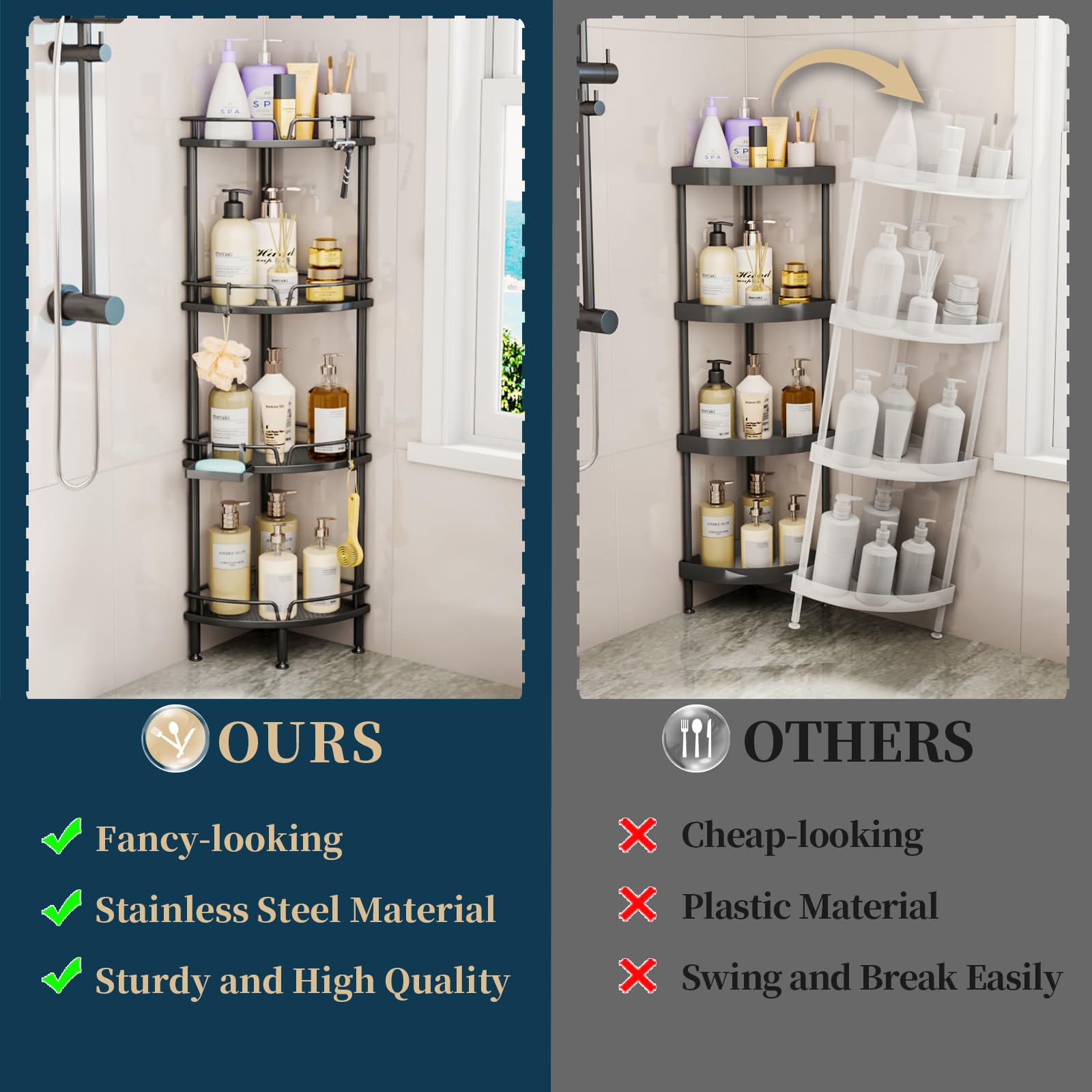 Consumest Corner Shower Caddy Stand - 4 Tier Shower Organizer with Soap Holder, Standing Tall Floor Shower Stand with Adjustable Feet & 4 Hooks