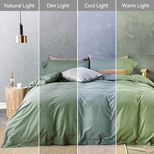 JELLYMONI Green 100% Washed Cotton Duvet Cover Set, 3 Pieces Luxury Soft Bedding Set with Buttons Closure. Solid Color Pattern Duvet Cover Queen Size(No Comforter)