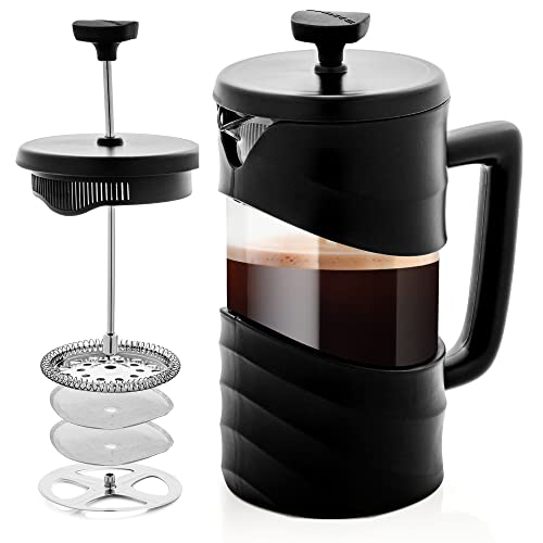 OVENTE French Press Coffee, Tea and Espresso Maker, Heat Resistant Borosilicate Glass with 4 Filter Stainless-Steel System, BPA-Free Portable Pitcher Perfect for Hot & Cold Brew 20oz, Black FPW20B