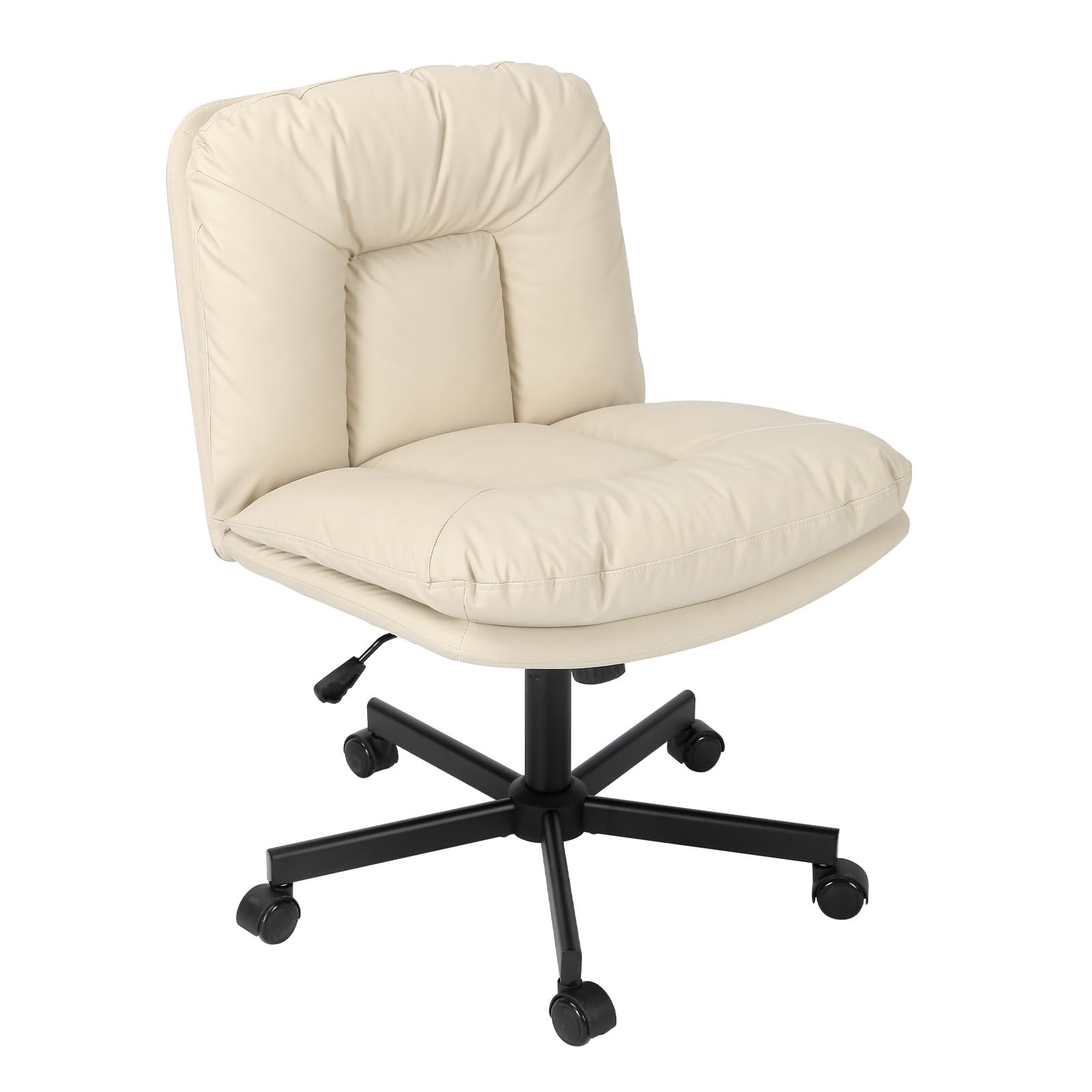 borinlan Armless Office Desk Chair with Wheels, PU Leather, Cross-Legged Wide Seat, Thickened Cushion, Adjustable Swivel, for Home/Office/Bedroom (with Wheels)