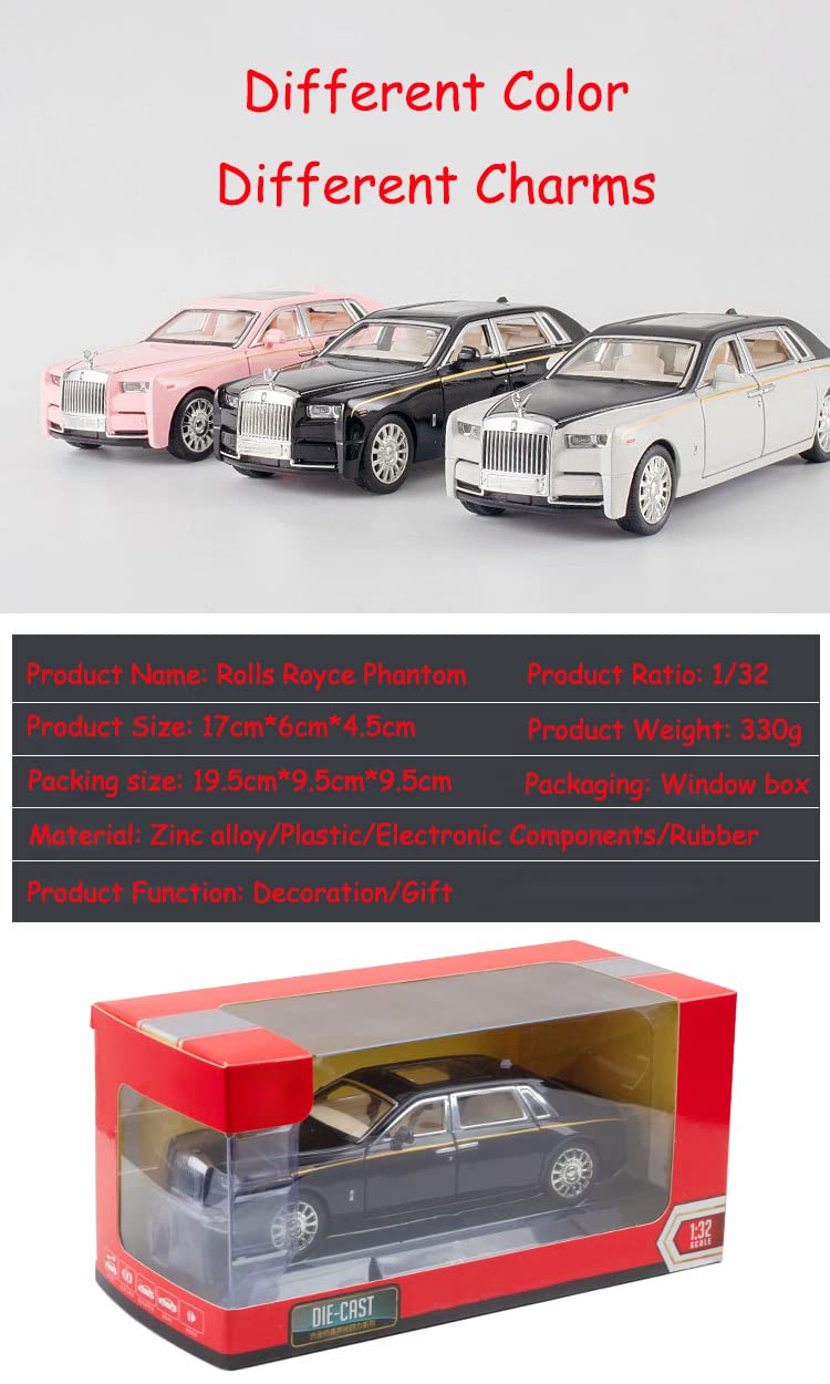 Toy Car Model Black Rolls-Royce Phantom Alloy Collectible Pull Back Vehicles Diecast with Light and Sound