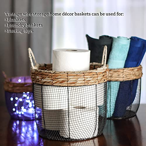 Trademark Innovations Oval Wire Tall Garden Home Décor Baskets with Wicker and Handles - Set of 3