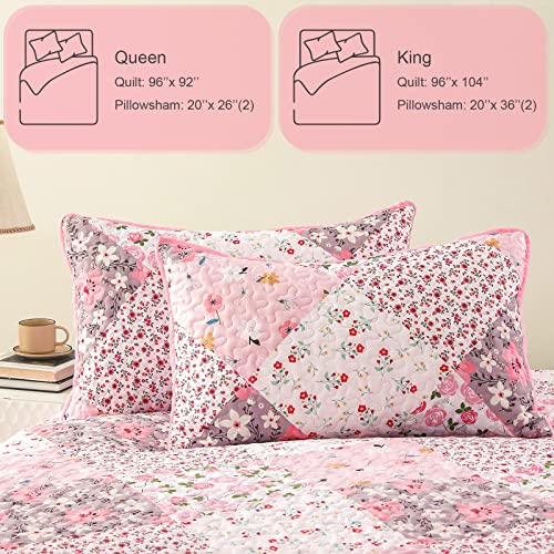 Whale Flotilla 3-Piece Printed Queen Size Quilt Bedding Set with 2 Pillow Shams Lightweight Reversible Bedspreads Coverlet Set for All Season, Pink
