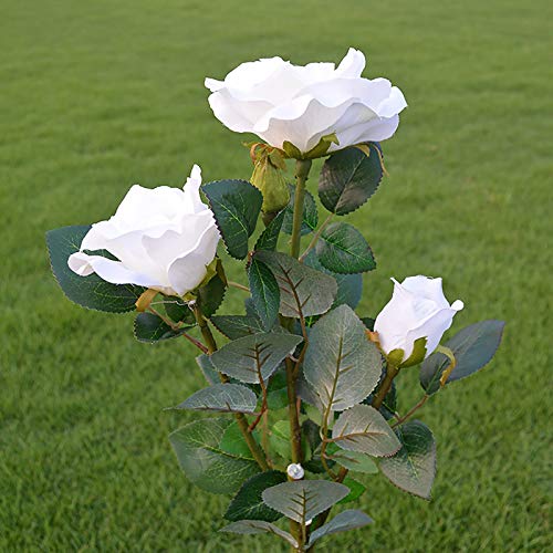 Rose Flower Solar Light, 3 Head White Rose Flower Solar Light Led Decorative Outdoor Lawn Lamp Home Garden Fake Flower Night Light-White