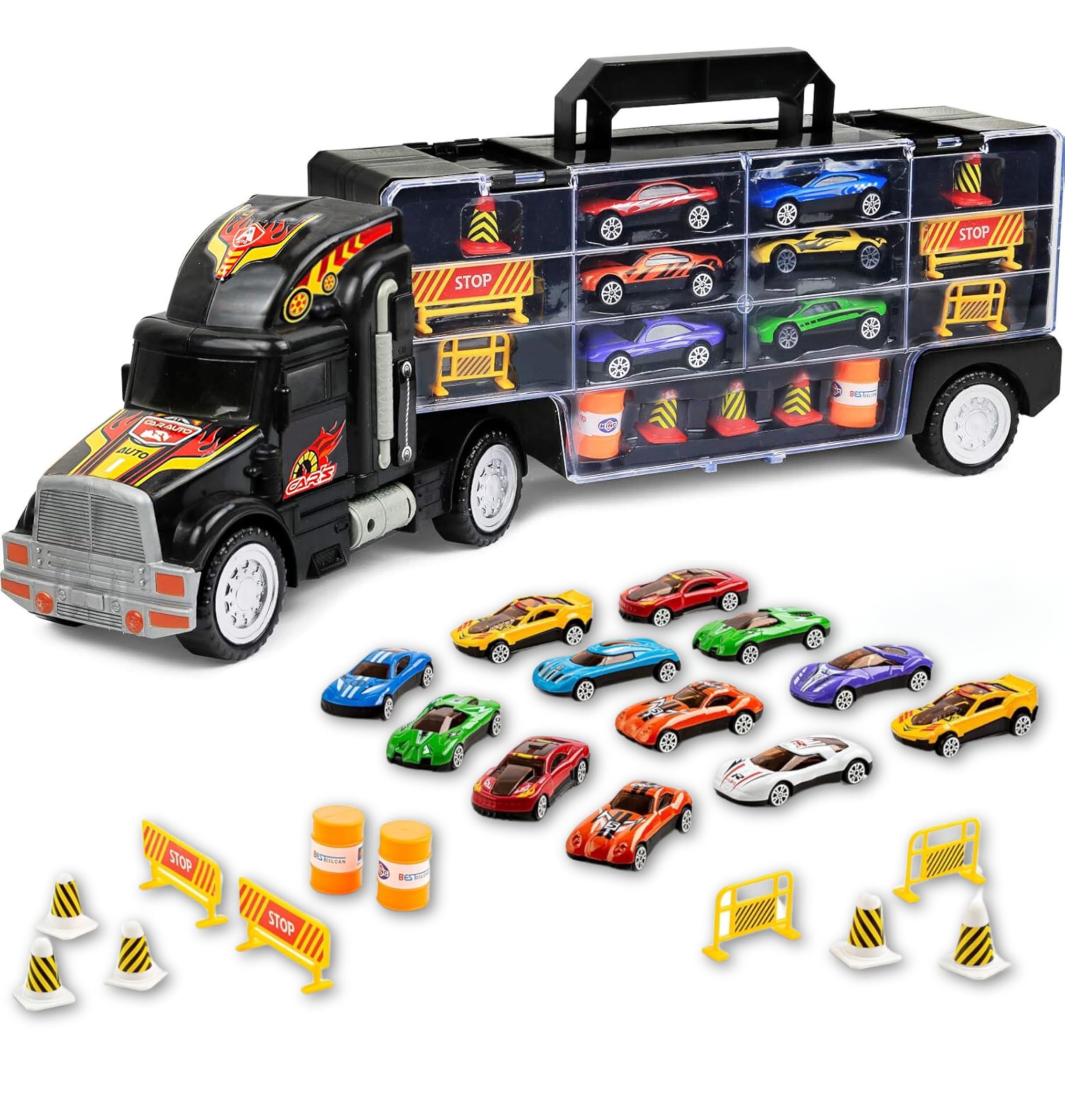 Toy Truck Transport Car Carrier Toy for Boys and Girls Age 3-10 yrs Old - Hauler Truck Includes 12 Toy Cars and Accessories - Car Truck Fits 28 Car Slots - Ideal Gift for Kids
