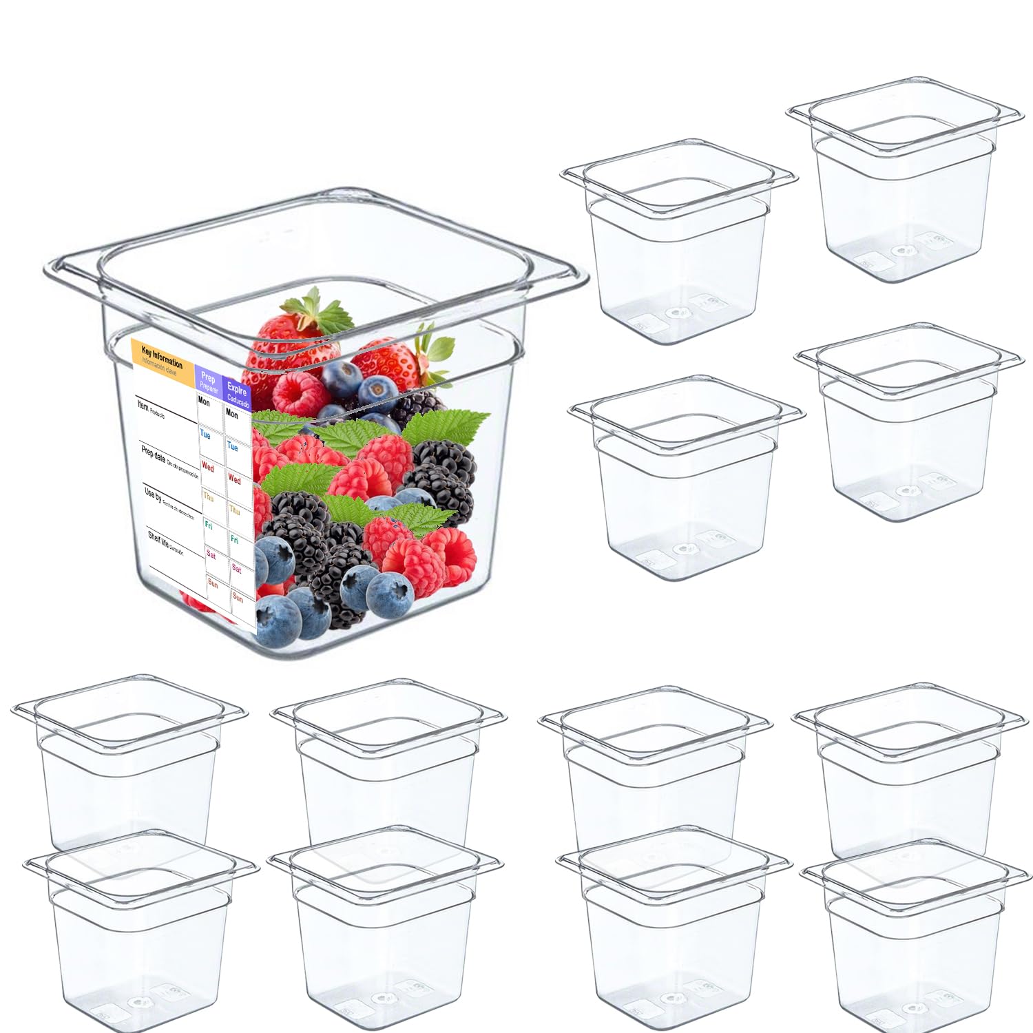 CAZACHEF 12 Pack 1/6 Size 6 inch Plastic Food Pan,Commercial Restaurant Food Pans for Storage Fruits Vegetables Sauces Beans, NSF listed