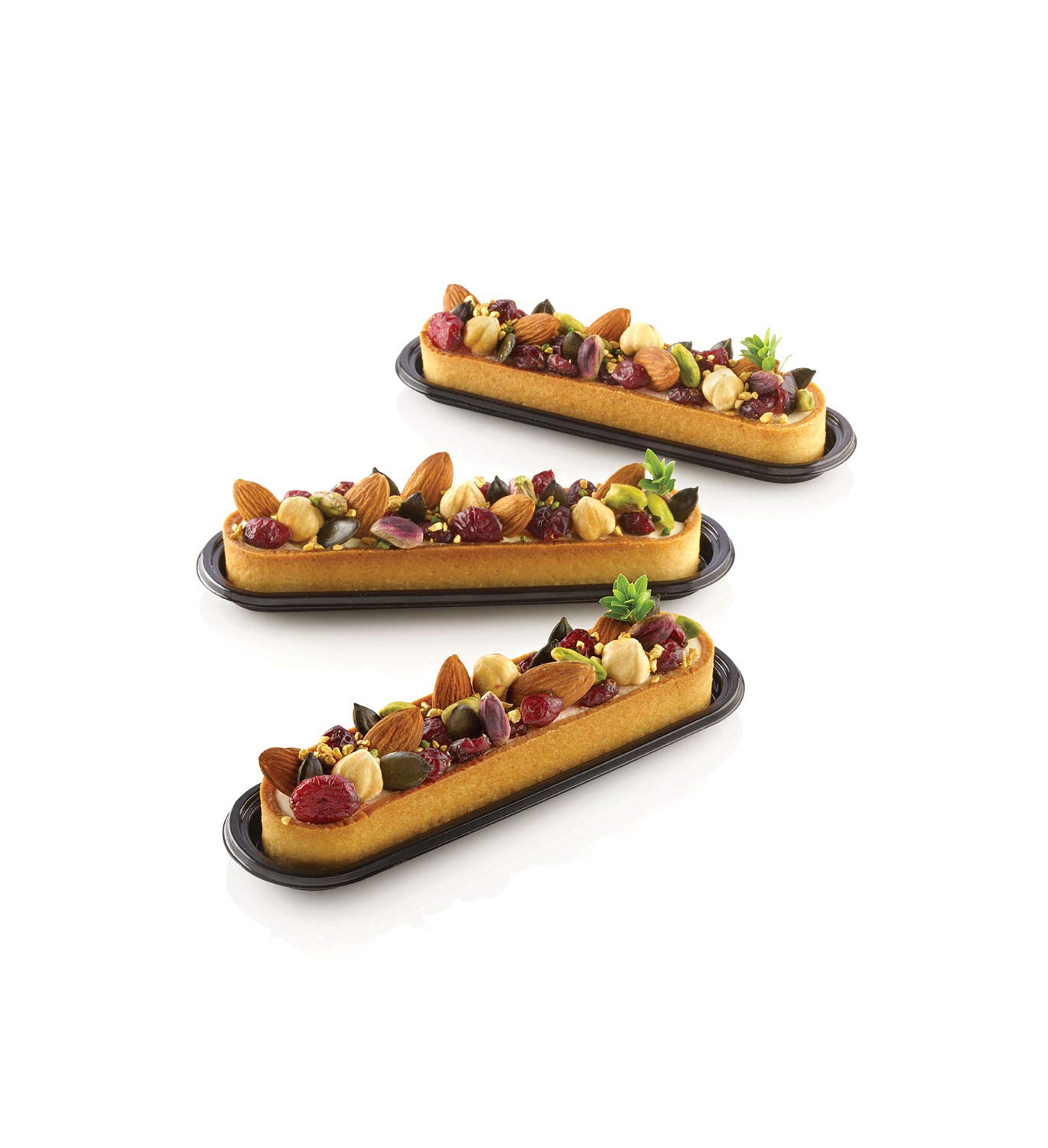 Silikomart "Kit Tarte Ring Oblong 146x34" Silicone Mold with 6 Cavities, Each 5.23 Inch x 0.82 Inch x 0.47 Inch High, Plus 6 Heat-Resistant Perforated Plastic Oblong Cutting Rings