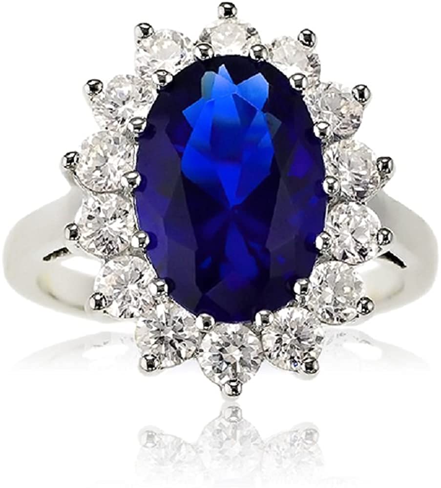 Beaux Bijoux Sterling Silver Large Oval Created Blue Sapphire and Clear Cubic Zirconia Statement Bridal Engagement Princess Diana/Kate Middleton Royal Ring (8)