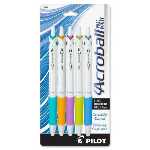 Pilot Acroball Ballpoint Pen - Fine Pen Point Type - 0.7 mm Pen Point Size - Assorted Ink - White Barrel - 5 / Pack