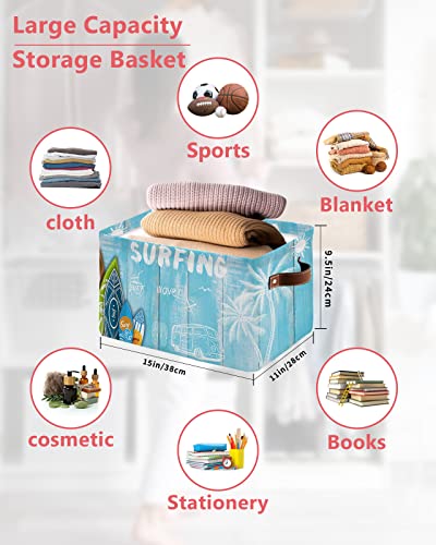 Storage Basket Summer Surfing Storage Bins Decorative Surfboard Tropical Palm Leaf Wood Grain Foldable Baskets for Toys Decorative Baskets for Closet Nursery