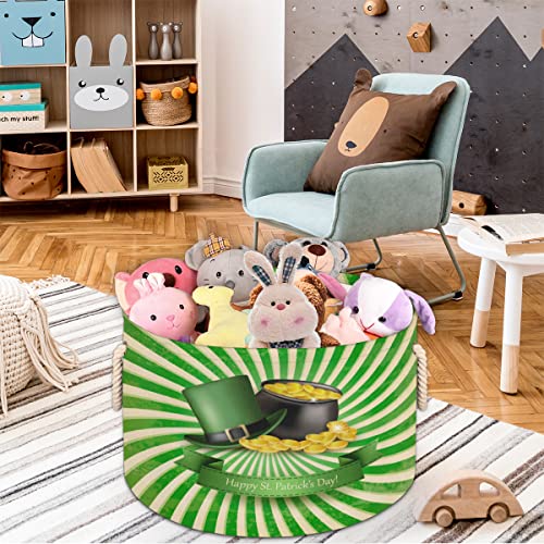 Saint Patrick's Day Green Hat(01) Large Round Baskets for Storage Laundry Baskets with Handles Blanket Storage Basket for Bathroom Shelves Bins for Organizing Nursery Hamper Girl Boy