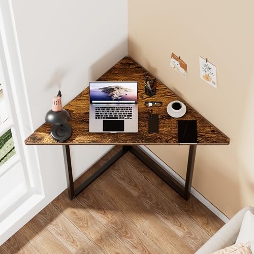 VECELO Corner Shelf, End/Side Tables Corner Computer Desk Storage Shelf for Small Space Triangle Steel Frame Corner Shelves with Metal Frame, Living Room, Bathroom, Brown 31.1"