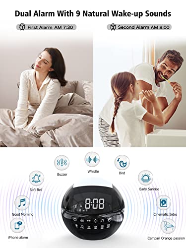 White Noise Machine with 42 Non Looping Natural Sleeping Sounds for Baby Adults,Dual Alarm Clock for Bedrooms with 2 Charger Ports,7 NightLights,6 Timers,9 Alarms,Adjustable Brightness,Memory Function