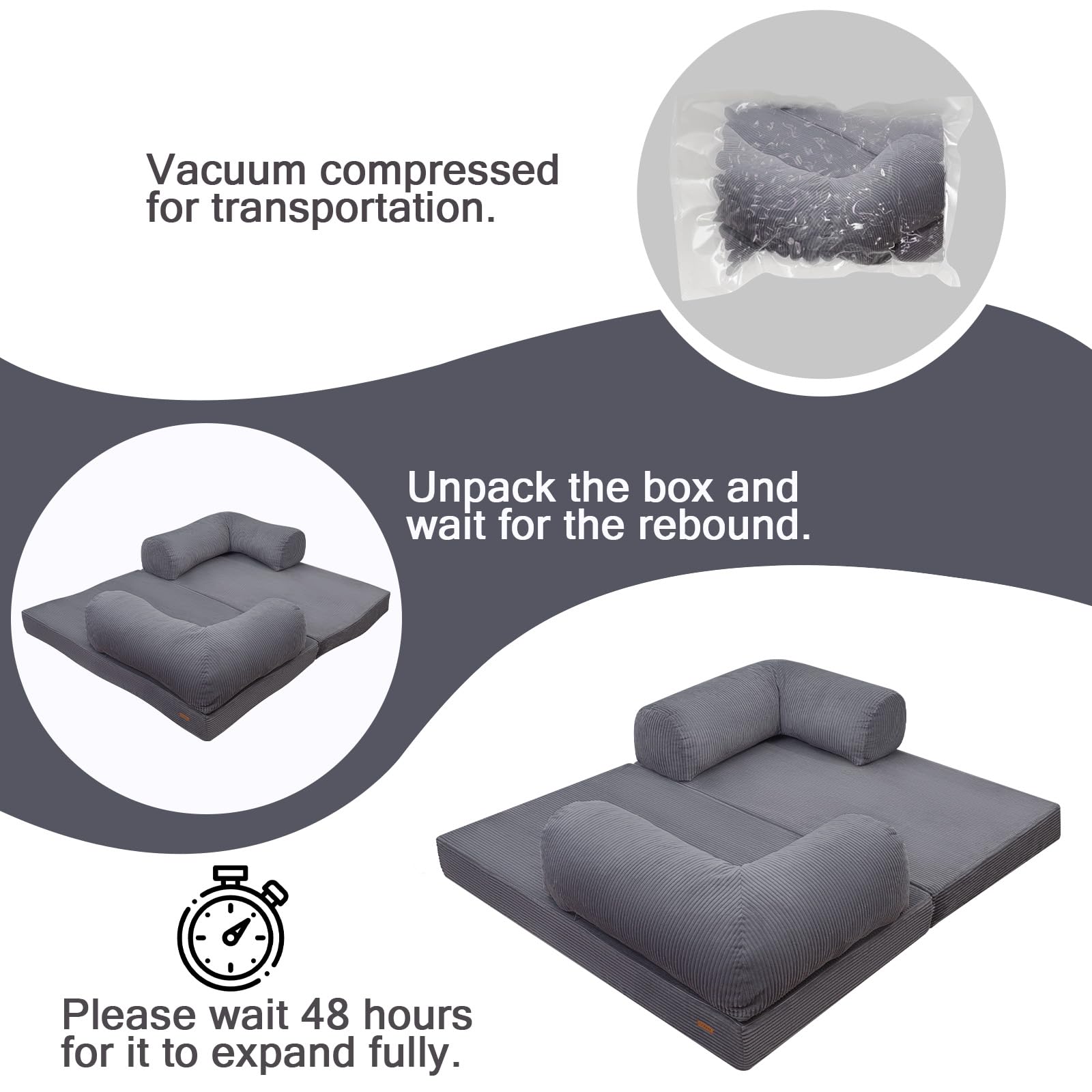 COMAX Folding Sofa Bed, Convertible Sofa Queen Floor Couch with L-Shaped Armrests, Foldable Futon Chair Bed Sleeper Mattress Fold Out Comfy Lounge for Living Room Bedroom, Dark Grey