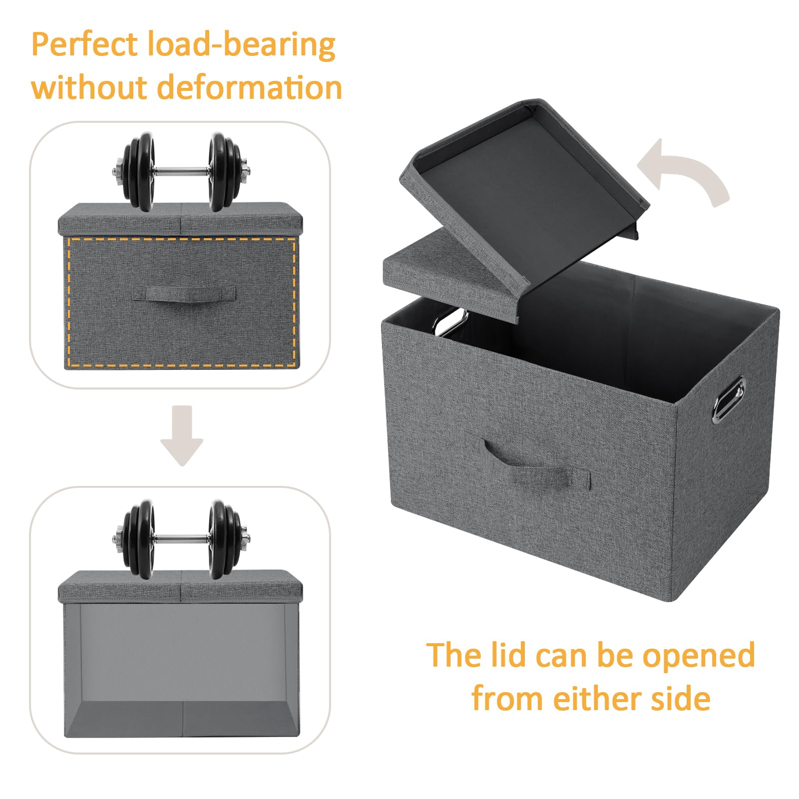 Bellzacasa Extra Large Collapsible Storage Bins with Lids, 3 Pack Linen Fabric Foldable Storage Bin Cube with 4 Handles, Storage Baskets Box for Home, Office, Closet, Gray, 22.8x15.7x11.8β