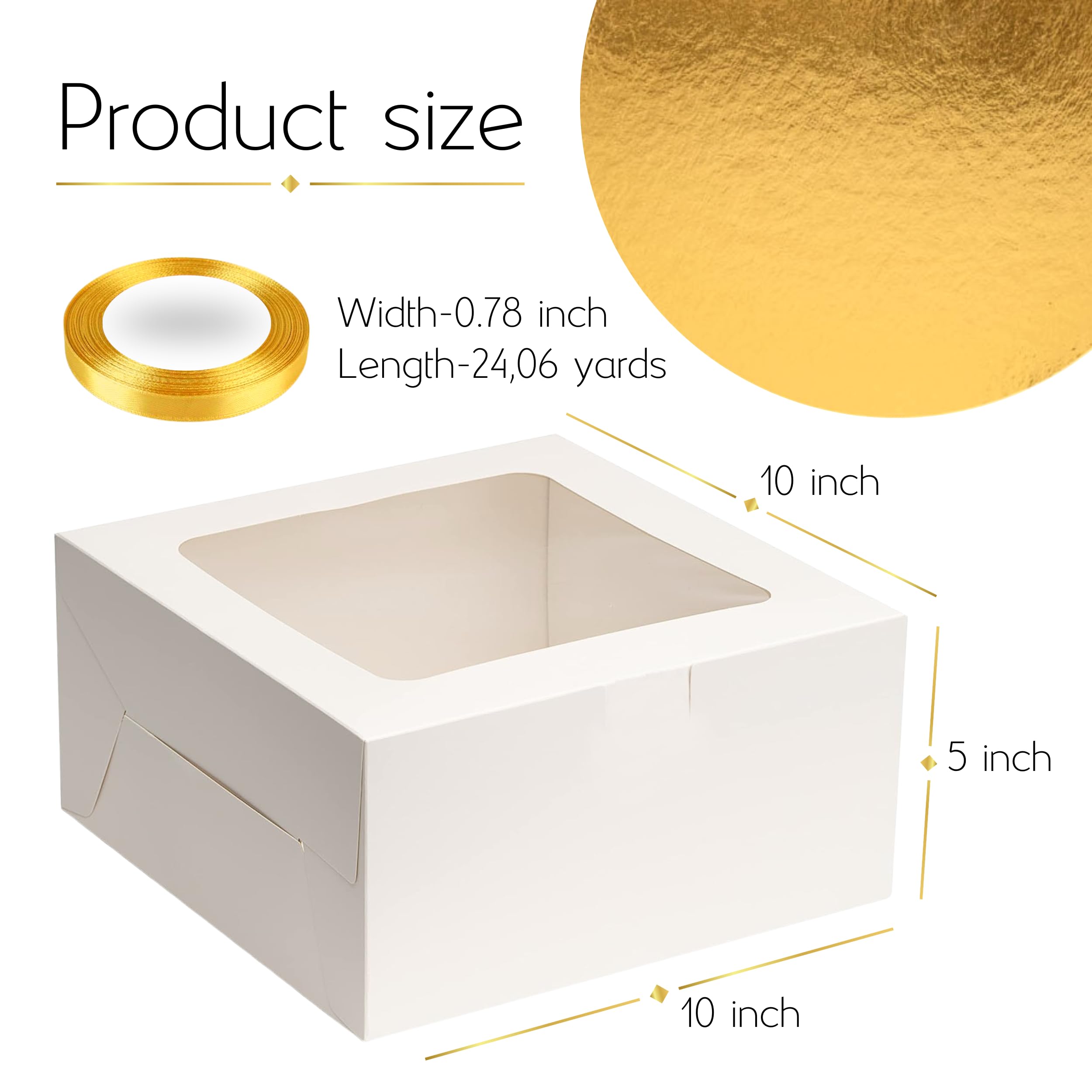 BELMAKS 10 Inch Cake Box Set β Disposable Cake Containers with Lids and Gold Ribbon Bakery Boxes with Window Tall Cake Boxes 10 Inch and 10 Inch Cake Drum Paper Box for Cake with Ribbon and Cake Board