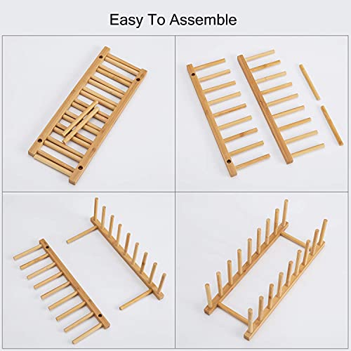 HBlife Bamboo Folding 2-Tier Collapsible Drainer Dish Drying Rack with Utensils Flatware Holder and Dish Plate Bowl Cup Book Pot Lid Cutting Board Drying Rack Stand