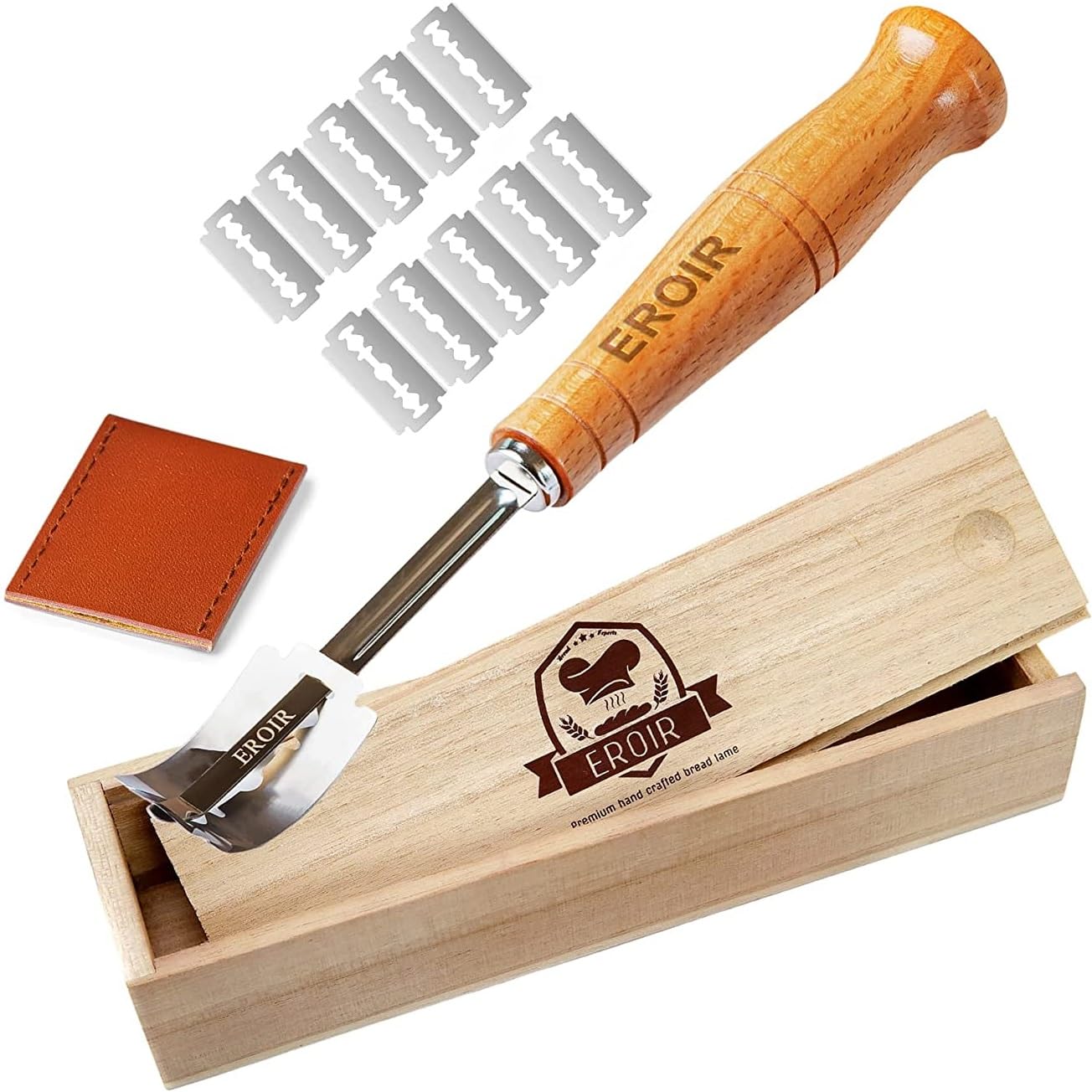 EROIR Hand Crafted Bread Lame Dough Scoring Tool in Wooden Storage Box for Sourdough Bread Baking - Dough Scoring Knife with 10 Extra Blades and a Protective Leather Cover