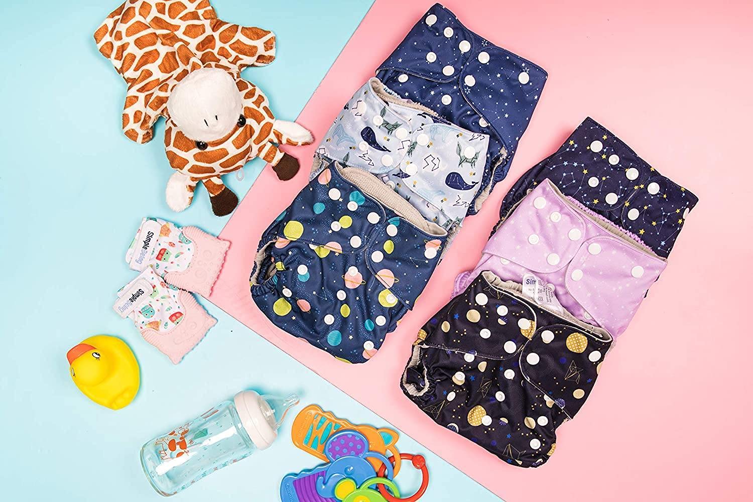 Simple Being Reusable Cloth Diapers, Double Gusset, One Size Adjustable, Washable Soft Absorbent, Waterproof Cover, Eco-Friendly Unisex Baby Girl Boy, six 4-Layers Microfiber Inserts (Constellations)