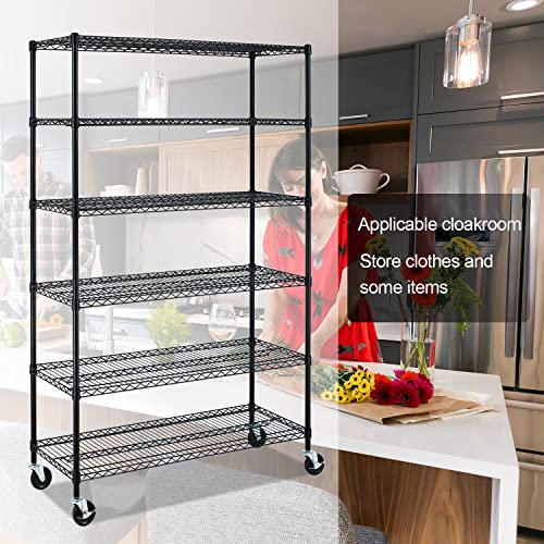 Storage shelves, 6-Tier Wire Shelving Unit NSF Certified Storage Rack 18"D x 48"W x 78"H 6000Lbs Capacity Adjustable Layer Heavy Duty Metal Rack Steel with Casters for Kitchen Garage Pantry Black