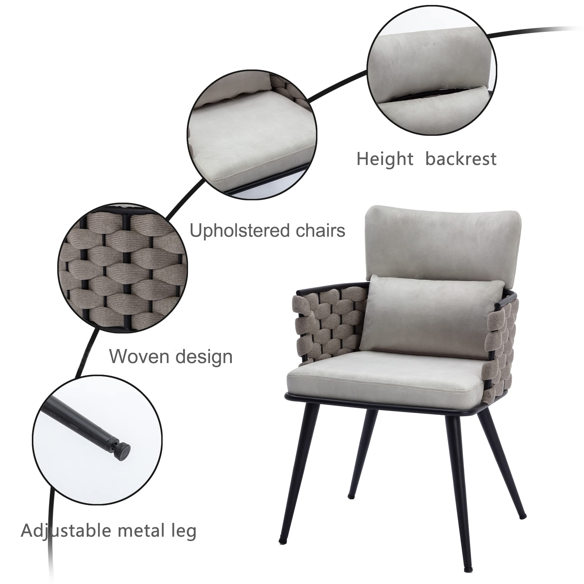 BFZ Mid-Century Modern Dining Chairs Set of 2, Handmade Woven Kitchen Chairs, Upholstered Velvet Dining Chairs with Metal Legs for Kitchen, Dining Room, Living Room