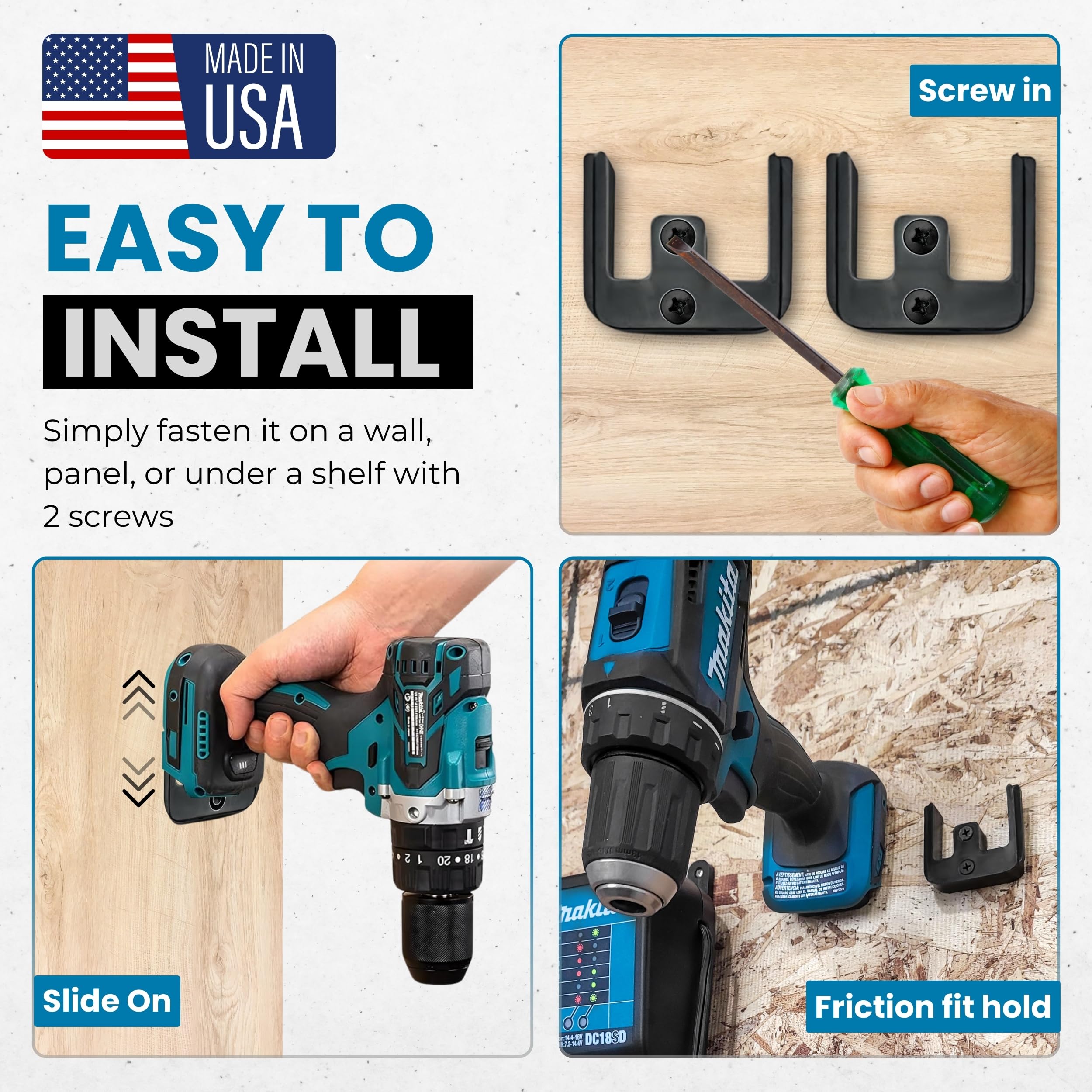 COMMANDER TOOL & GARAGE ORGANIZATION - 10 Pack Tool Holders/Wall Mounts/Hanger Clips Tool Organizer for Garage, Workshop & Shelves, Tool Storage Holder Compatible with Makita 18v LXT & 36v LXT Tools