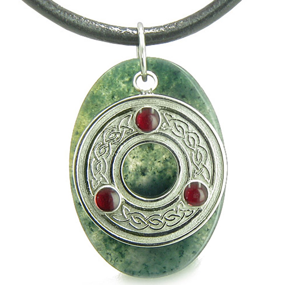 BestAmulets Amulet Celtic Triquetra Protection Knot Moss Agate Good Luck Leather Pendant Necklace