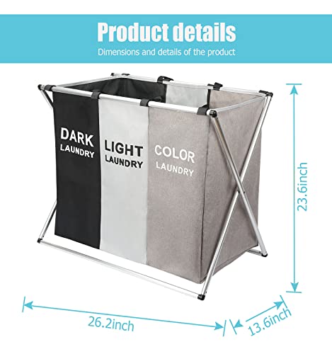 Laundry Cloth Hamper Sorter Basket Bin Foldable 3 Sections with Aluminum Frame Washing Storage Dirty Clothes Bag for Bathroom Bedroom Home Storage Basket (Black+Gray+Coffee, 3 Liner)