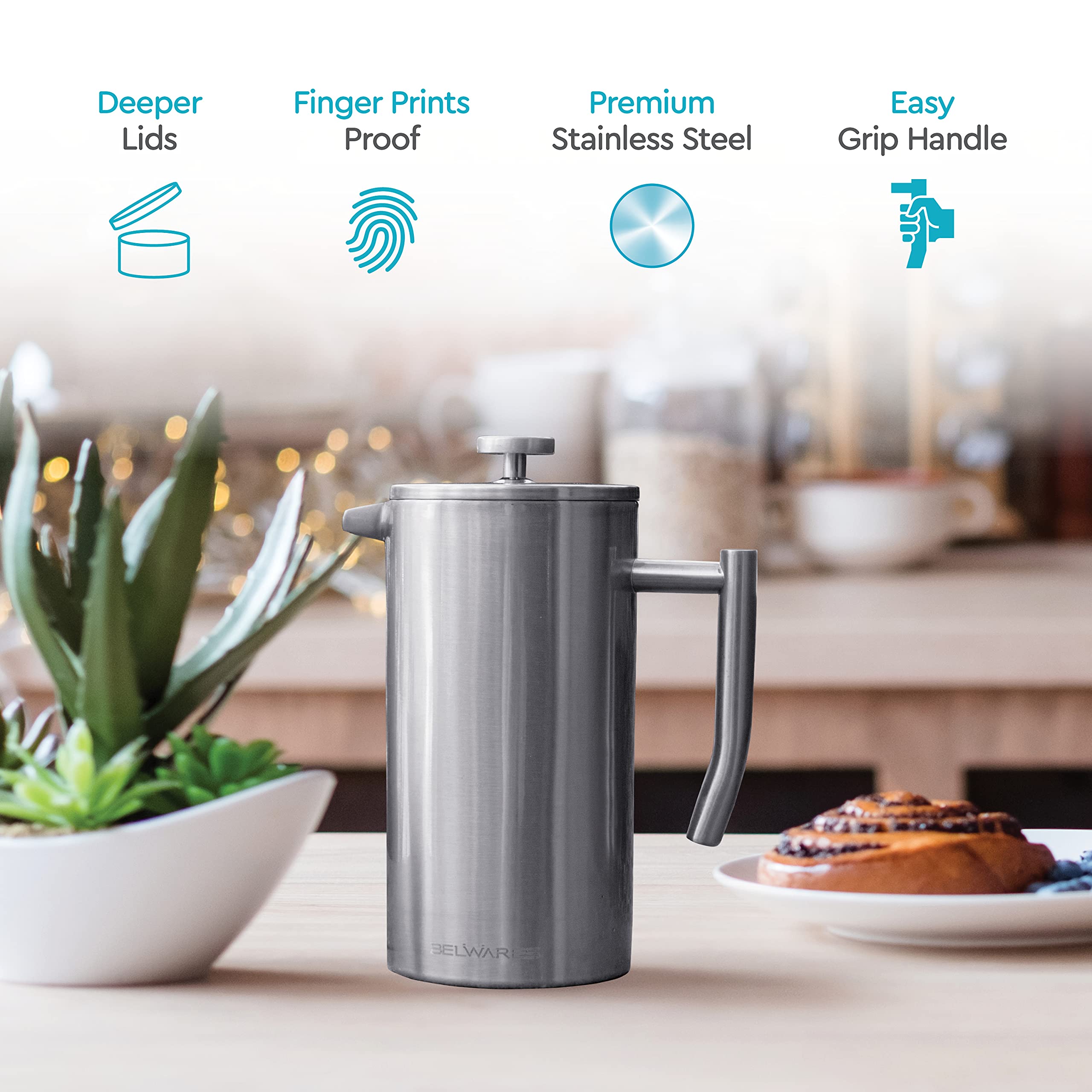 Belwares French Press Coffee Maker 50 Oz – Insulated Coffee Press Stainless Steel 304 Large – Coffee Spoon, Double Wall, & 4 Level Filtration System (1.5 Liter) – Silver
