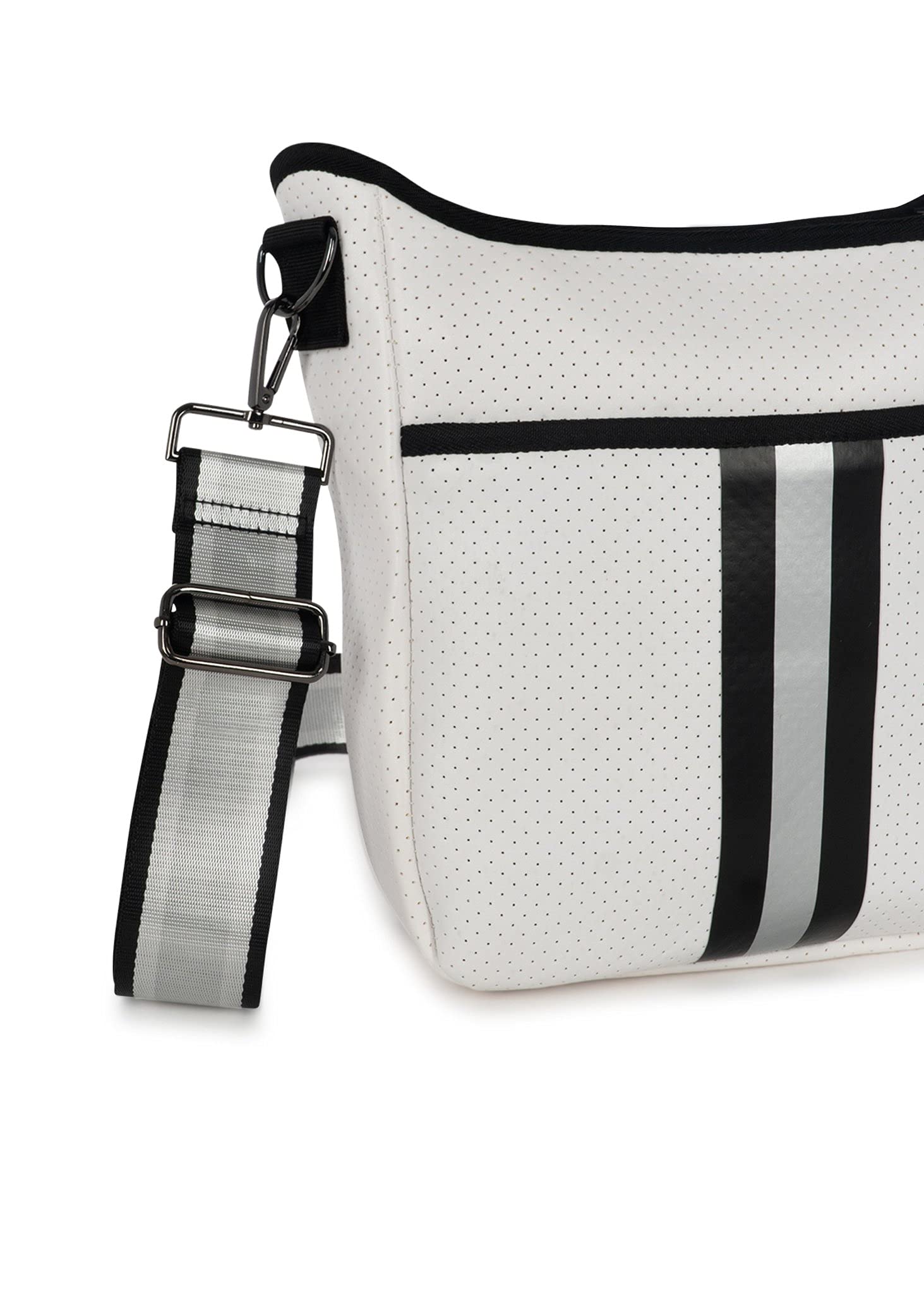 Blake New Midtown Cross Body by Haute Shore White WBlack and Silver Stripe