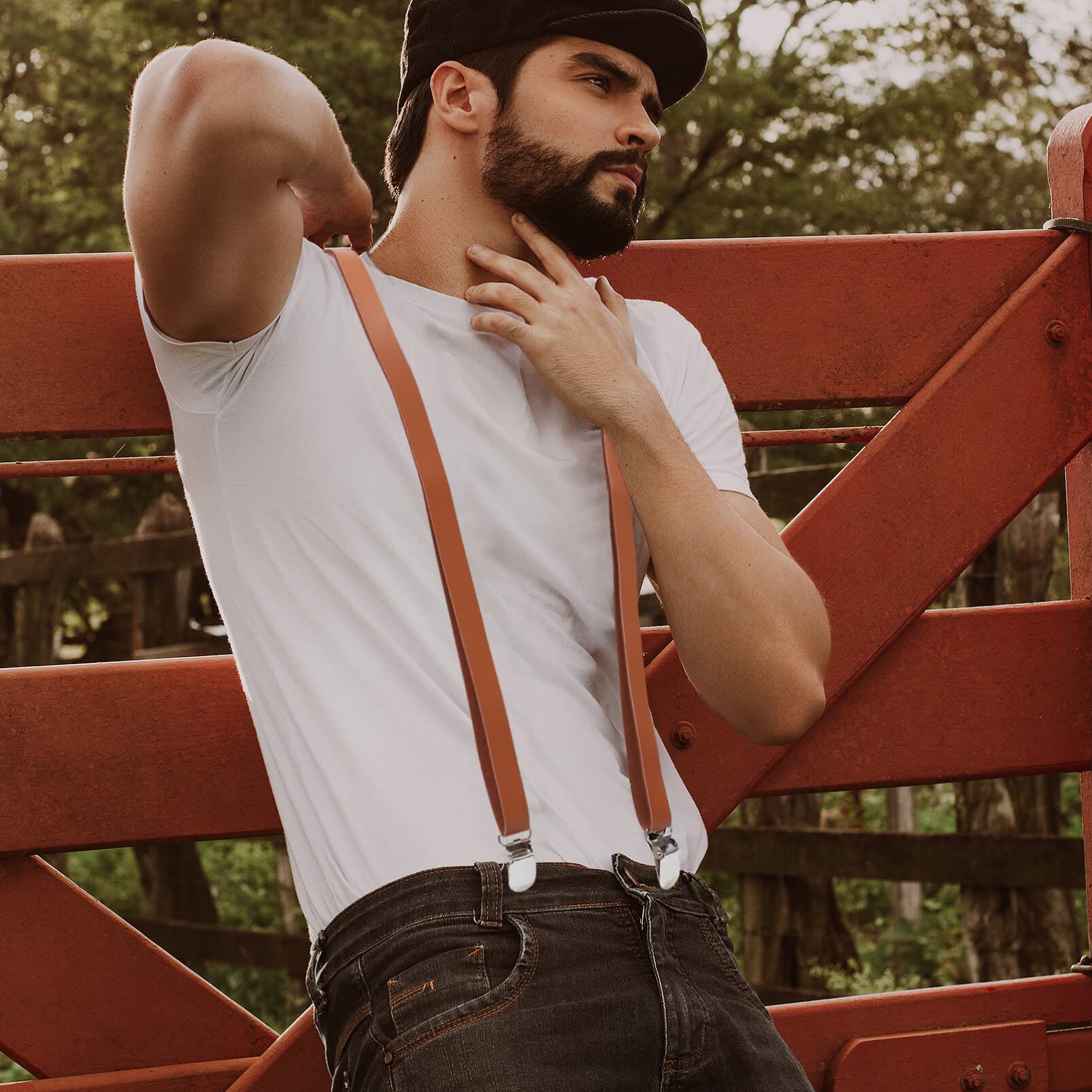 BESTOYARD Mens Suspenders Adjustable Clip Suspender Dress PU Leather Suspenders (Brown)