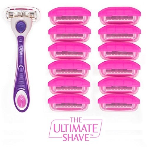 The Ultimate Shave Women's 5-blade Razor plus a Bulk Pack of 12 Razor Blade Refill Cartridges and a Women's Shaving Razor Handle