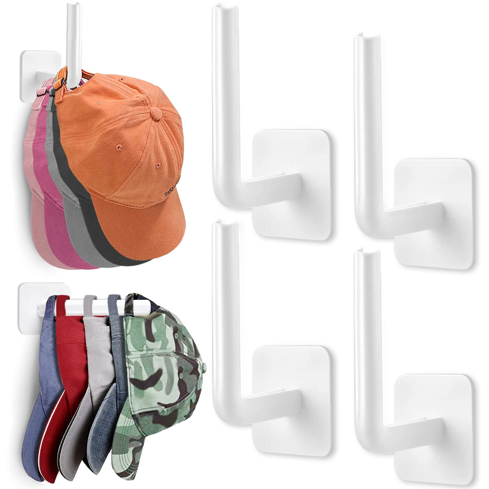 Hat Rack for Wall Organizer (4-Pack), Racks Baseball Caps, Adhesive Hooks Wall, No Drilling Hangers Closet Cowboy Holder Display, Sticky Storage Caps