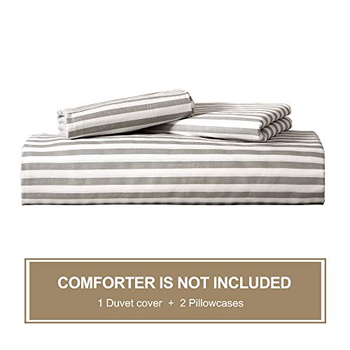 JELLYMONI 100% Natural Cotton 3pcs Striped Duvet Cover Sets,White Duvet Cover with Grey Stripes Pattern Printed Comforter Cover,with Zipper Closure & Corner Ties(Queen Size)