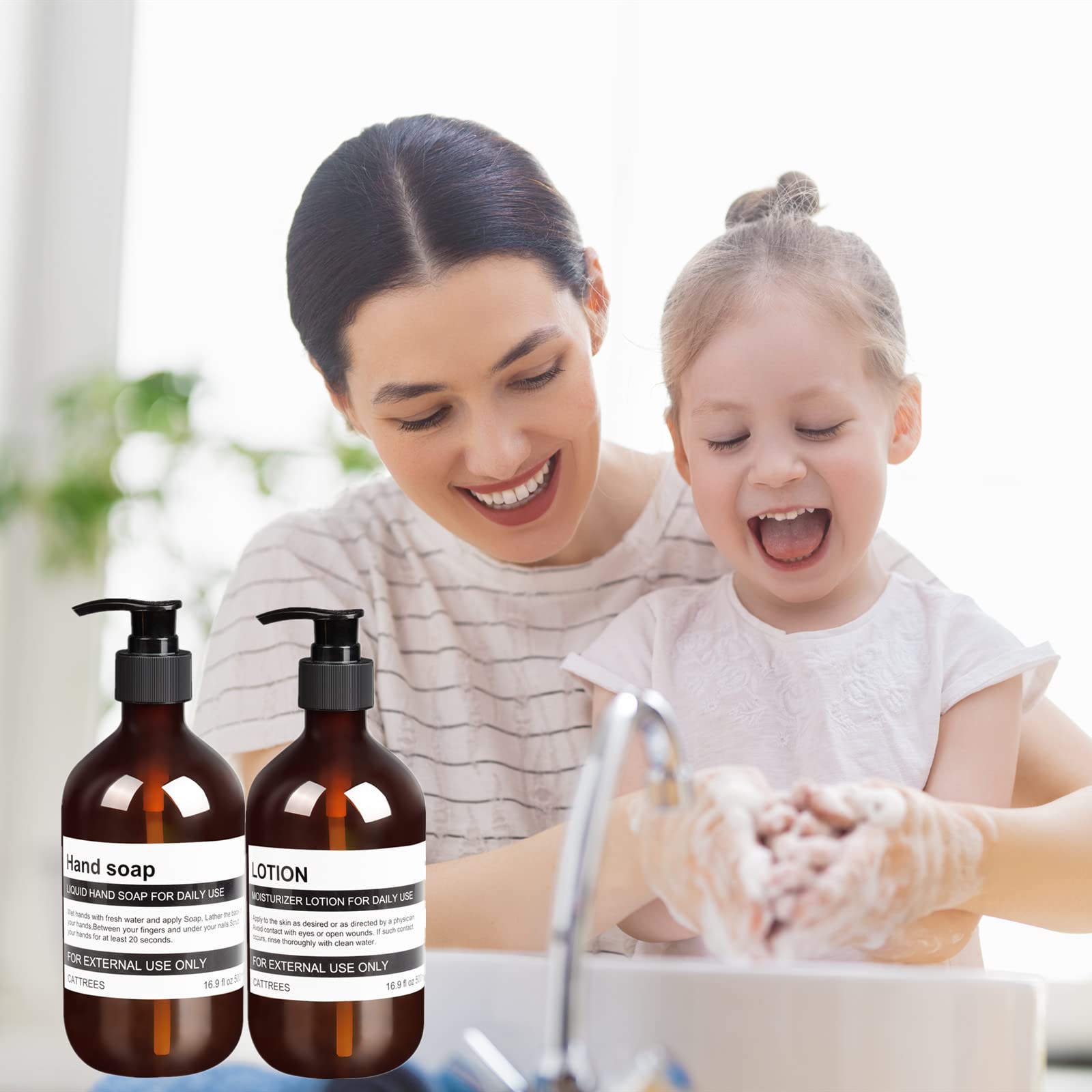 CATTREES 4 Pack Shampoo and Conditioner Bottles for Bathroom,16 oz Empty Amber Plastic Bottles with Pump & 6 Waterproof Labels for Hand,Lotion,Refillable Shampoo Conditioner and Shower Gel Dispenser.