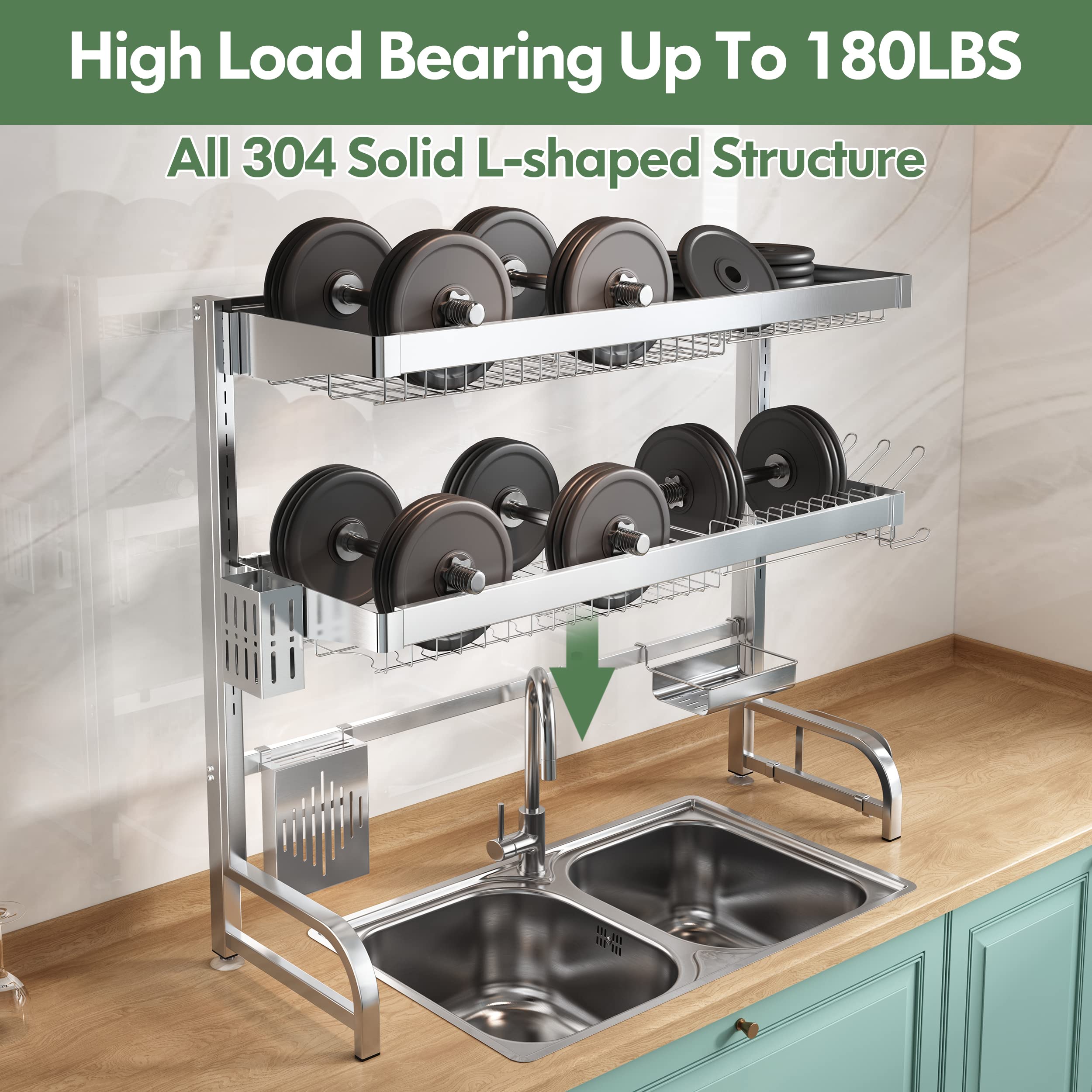 BOOSINY Over Sink Dish Drainer Drying Rack,Adjustable (25.5"-35.5") 3 Tier Large Dish Racks for Kitchen Storage Counter Organizer,Full 304 Stainless Steel Shelf with Utensil Holder and 10 Hooks