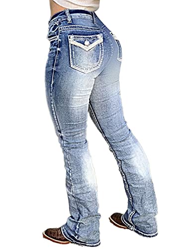 Flamingals Butt Lifting Jeans for Women Trendy Tummy Control Jeans Stretch Mid Waist Boot Cut Jeans Raw Hem Denim Pants A-Mid Blue-Raw Hem L