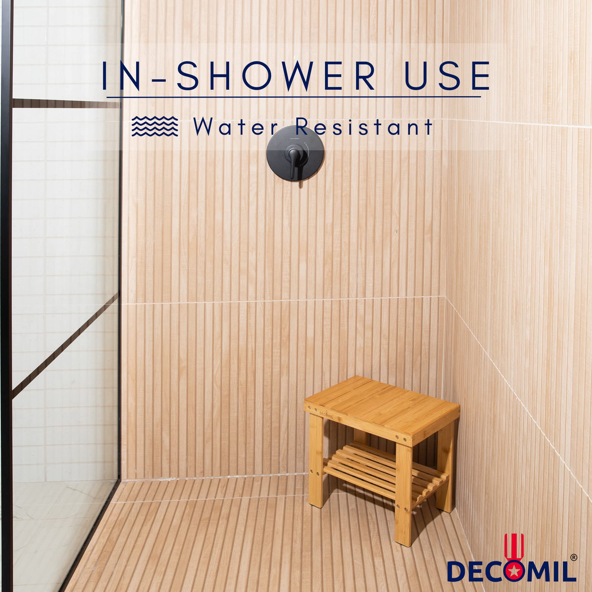 DECOMIL - Bamboo Shower Bench 16”, Foot Rest Shaving Stool with Storage Shelf | Nonslip Feet & Waterproof Bathing Bench | Perfect for Indoor and Outdoor Use
