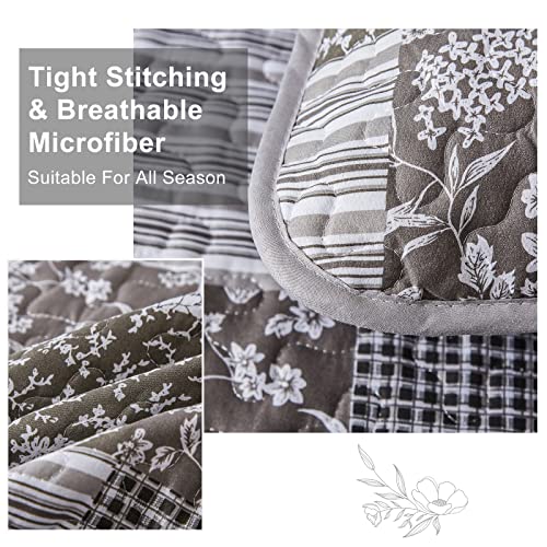 Mybedsoul Grey Boho Quilt Set Queen Size,3 Pieces Plaid Floral Bedspread Coverlet Set for All Season,Patchwork Reversible Bedding Set Queen 90"x96"