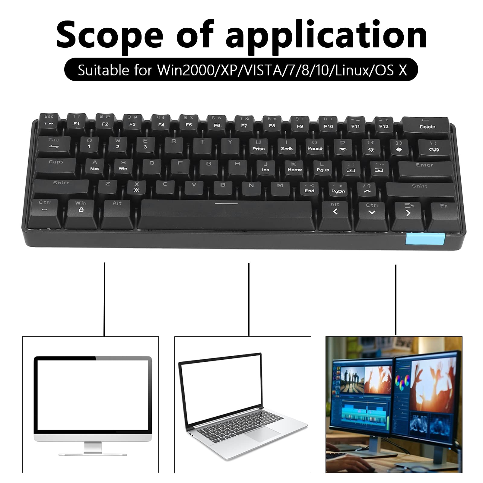 Kafuty-1 STK61 PBT Wireless Gaming Keyboard, 61 Keys LED Backlight Rechargeable Mechanical Keyboard, USB C Bluetooth Keyboard, for Win 2000/XP/VISTA/7/8/10/Linux/OS X(Black Tea Shaft)